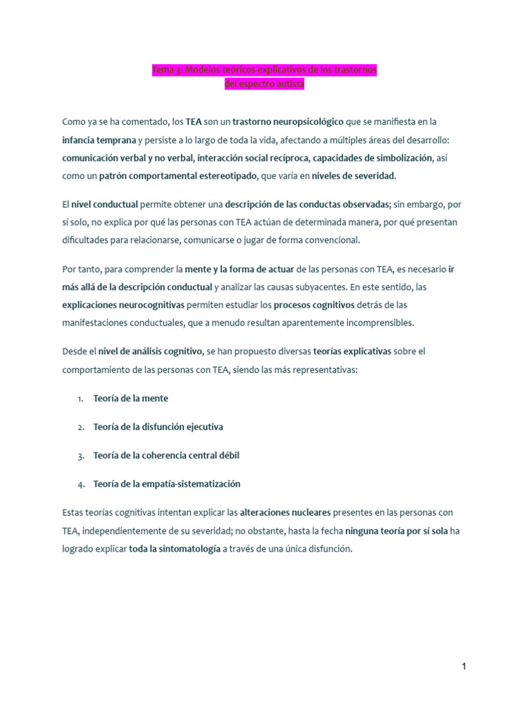 Tema 3Modelos teóricos explicativos de TEA | PDF | Autismo | Teoria de ...