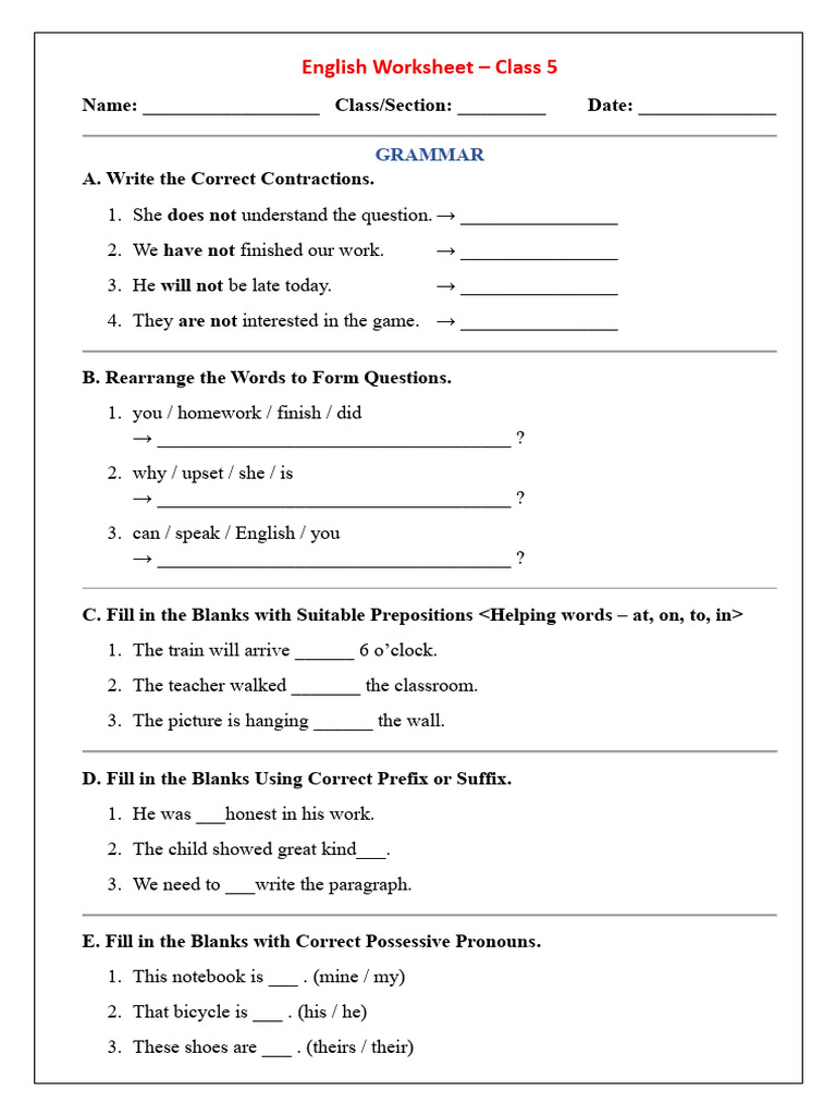 English Revision Worksheet 2 | PDF
