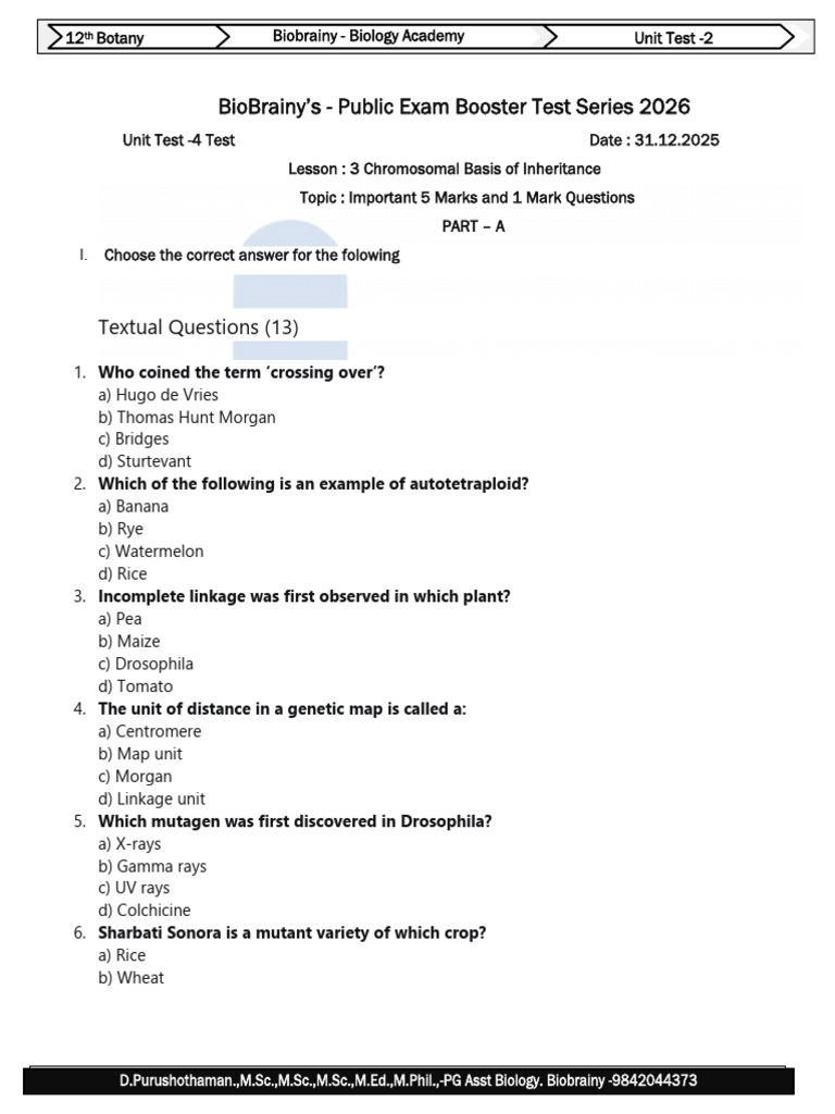 Unit Test -5 12th Botany 3rd Lesson 5and 1 Mark | PDF | Genetic Linkage ...