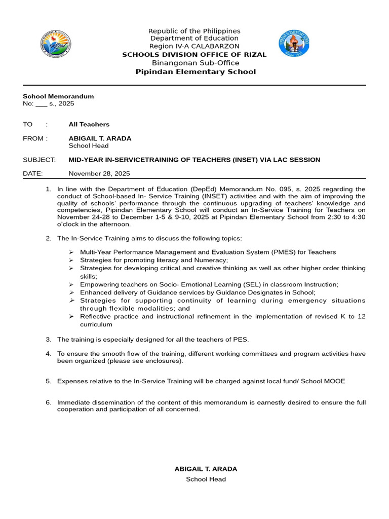 2025 Pipindanes Mid Year Inset School Memo | PDF | Teachers | Teaching