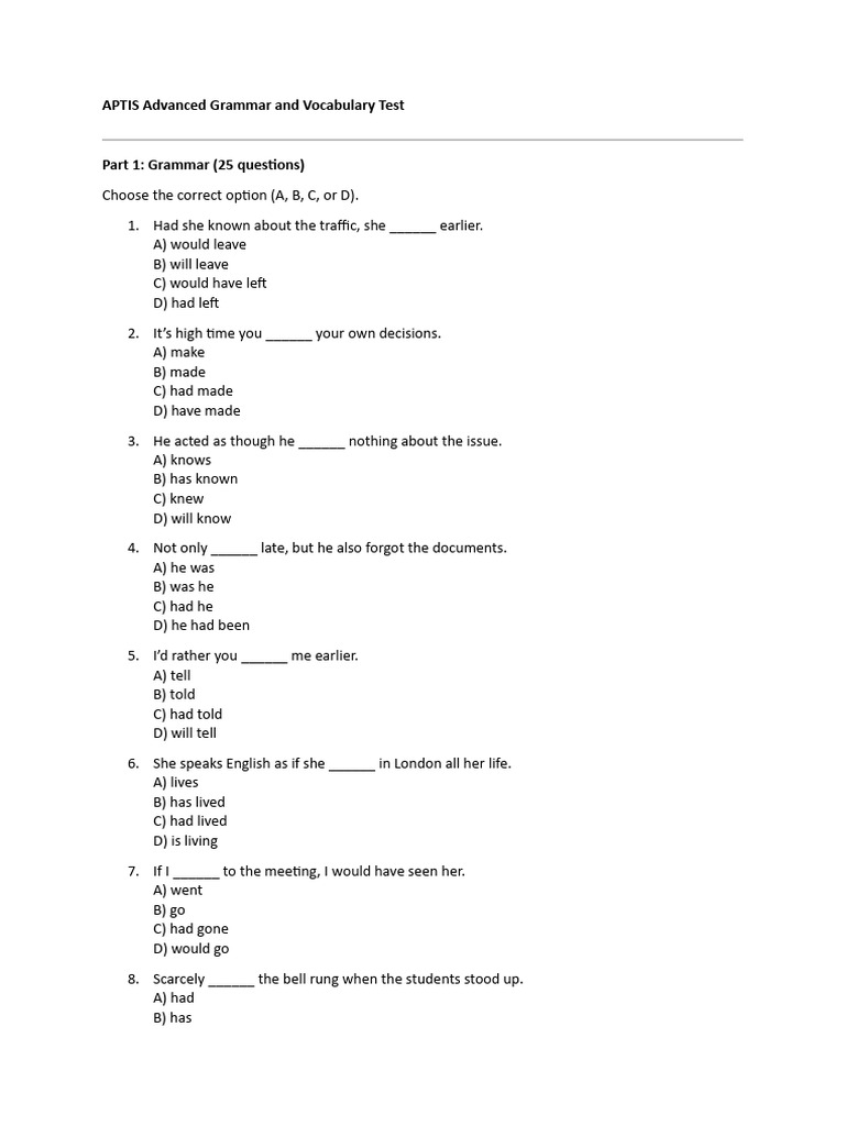 APTIS Advanced Grammar and Vocabulary Test2 | PDF
