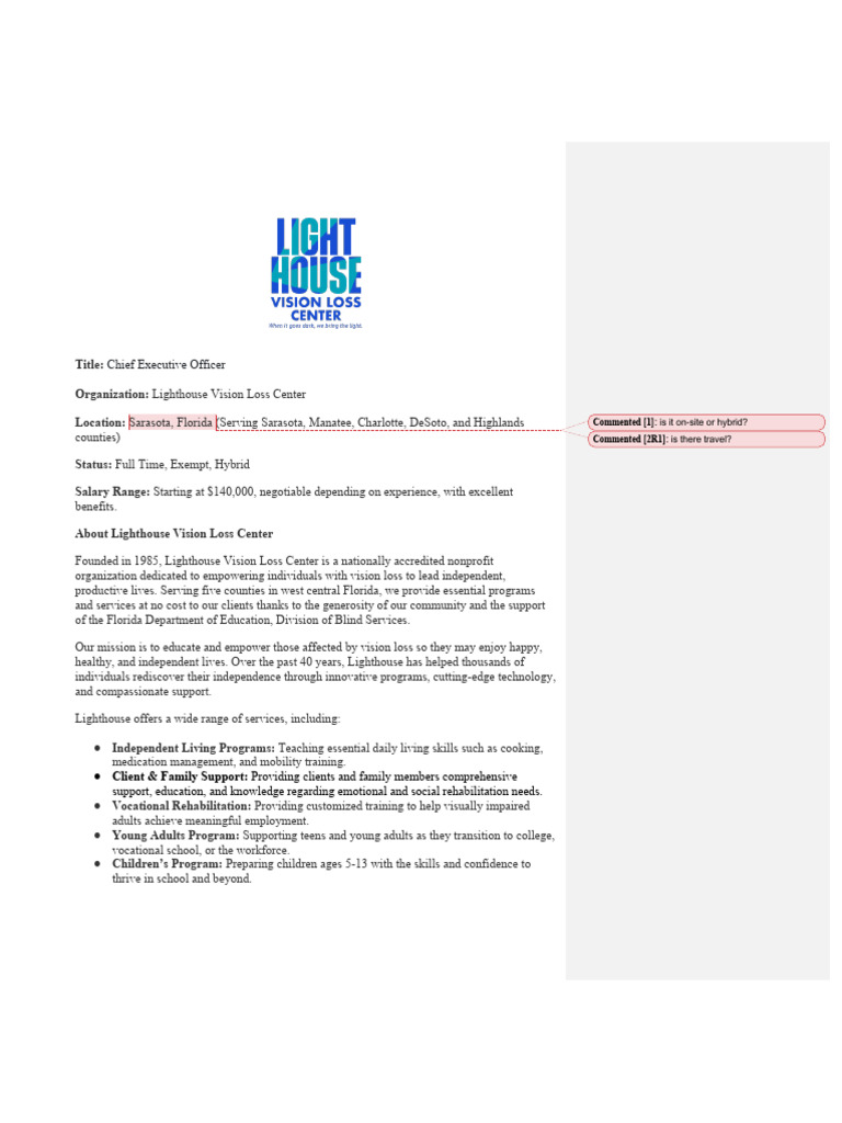 Lighthouse CEO Job Description | PDF | Visual Impairment | Strategic ...