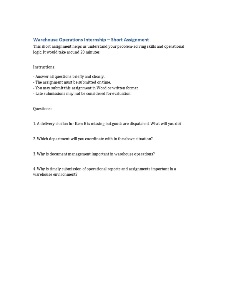 Warehouse Intern Test Assignment (1)-2 | PDF