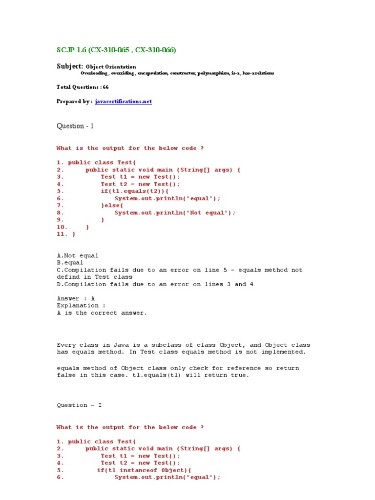 Subject:: SCJP 1.6 (CX-310-065, CX-310-066) | PDF | Method (Computer Programming) | Class ...