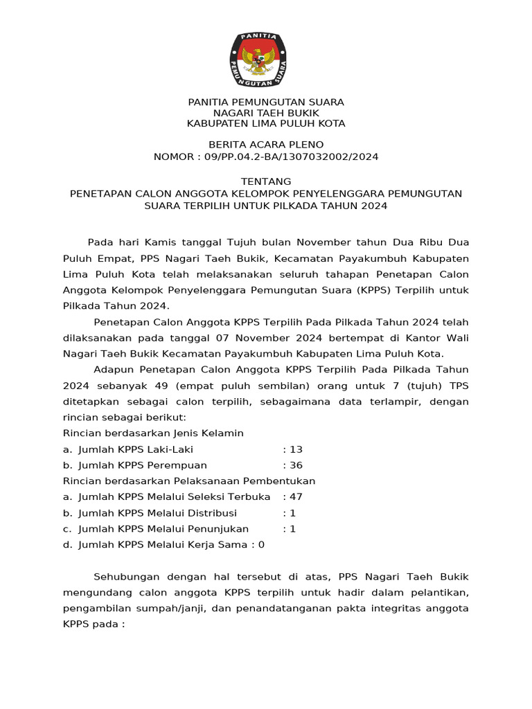 Penetapan KPPS Pilkada 2024 Taeh Bukik | PDF