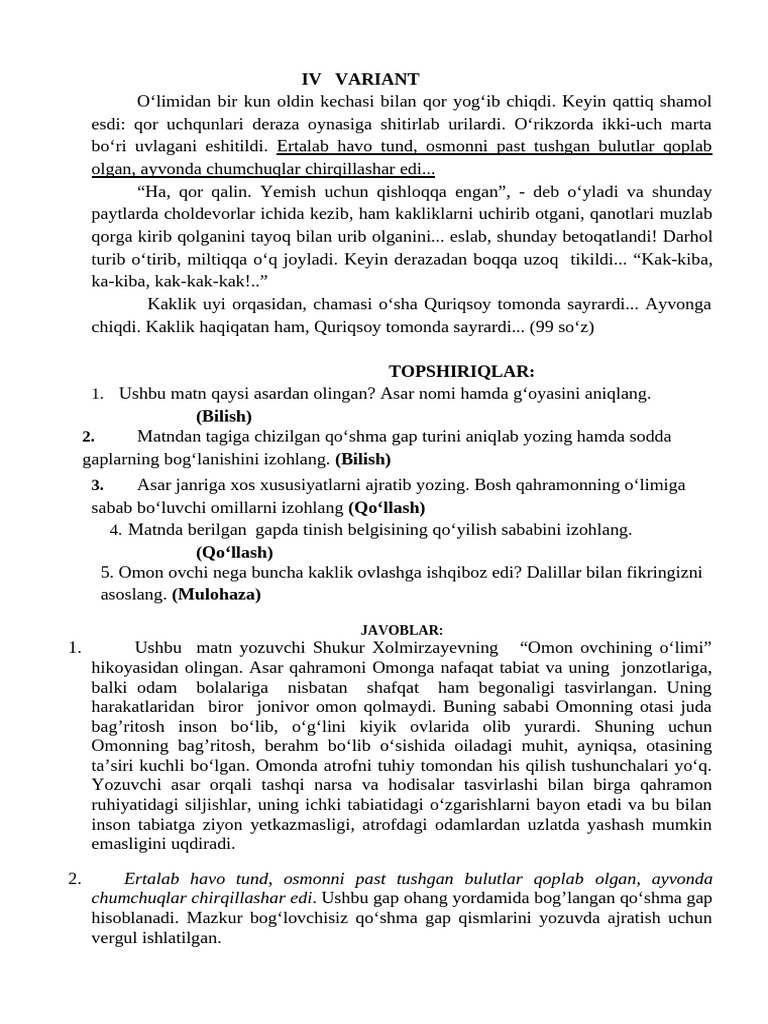 9 Sinf Ona Tili 4 VARIANT Javobi 1 | PDF