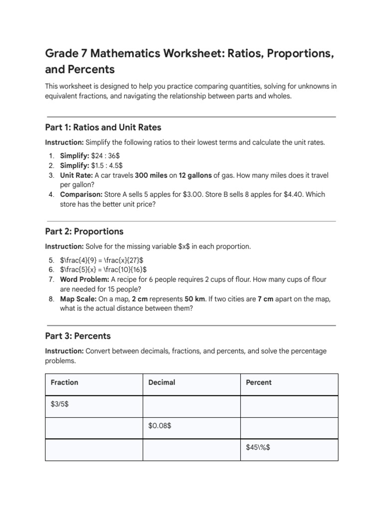 Grade 7 Ratios, Proportions, Percents Worksheet | PDF