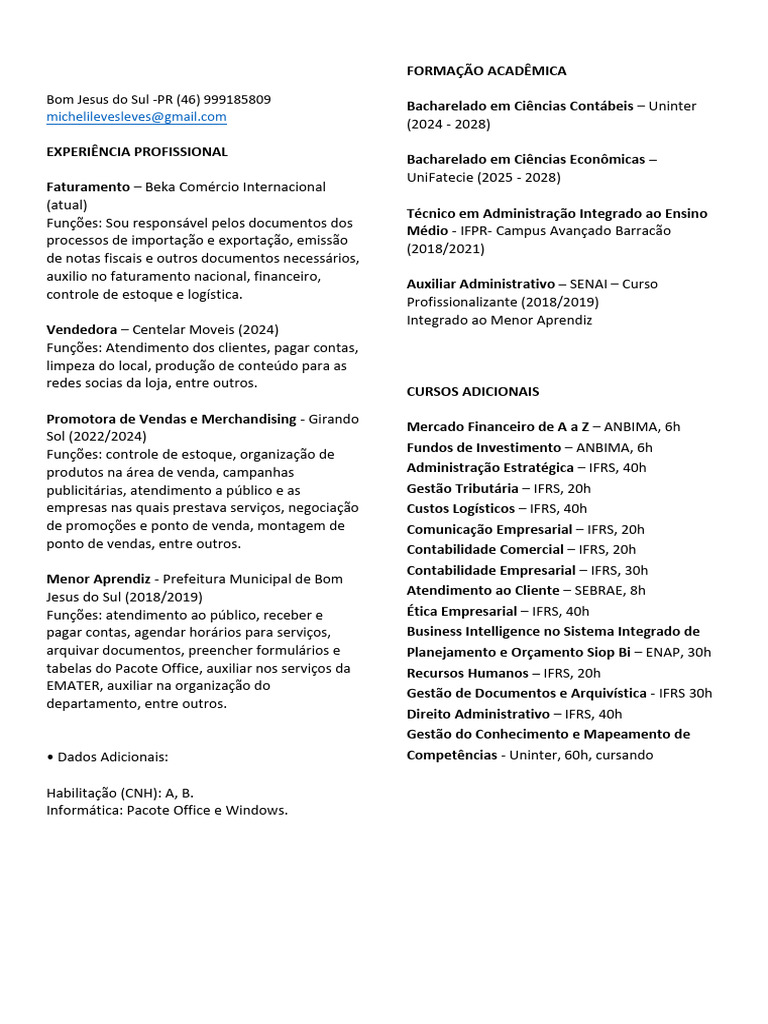 Currículo de Micheli Leves - Experiência e Formação | PDF ...