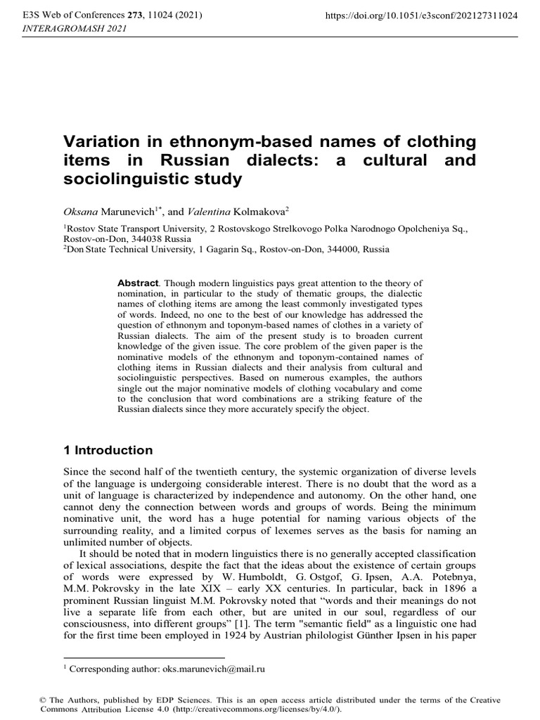Variation in ethnonym-based names of clothing items in Russian dialects ...