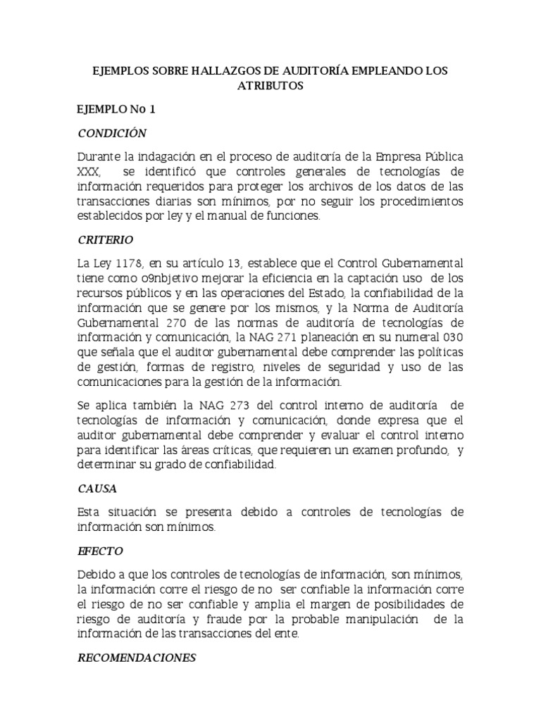 EJEMPLOS SOBRE HALLAZGOS DE AUDITOR+ìA EMPLEANDO LOS ATRIBUTOS | PDF | Auditoría | Contralor