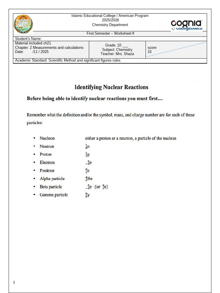 Chemistry Worksheet for Grade 10 | PDF