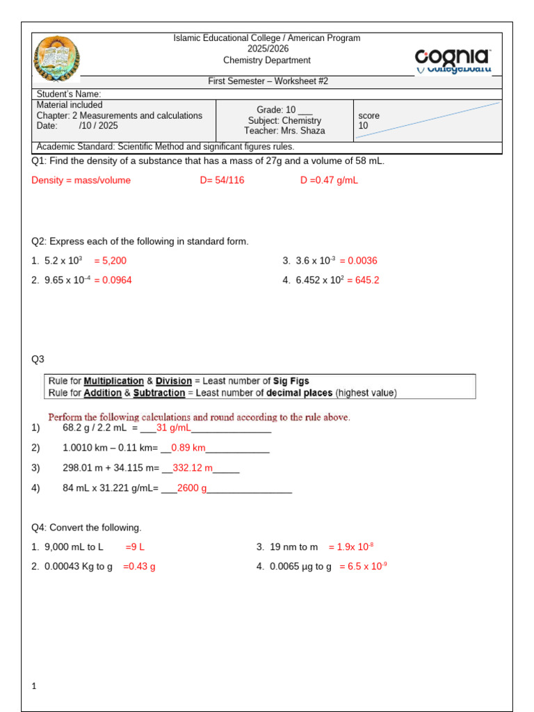 Chemistry Worksheet: Measurements & Calculations | PDF