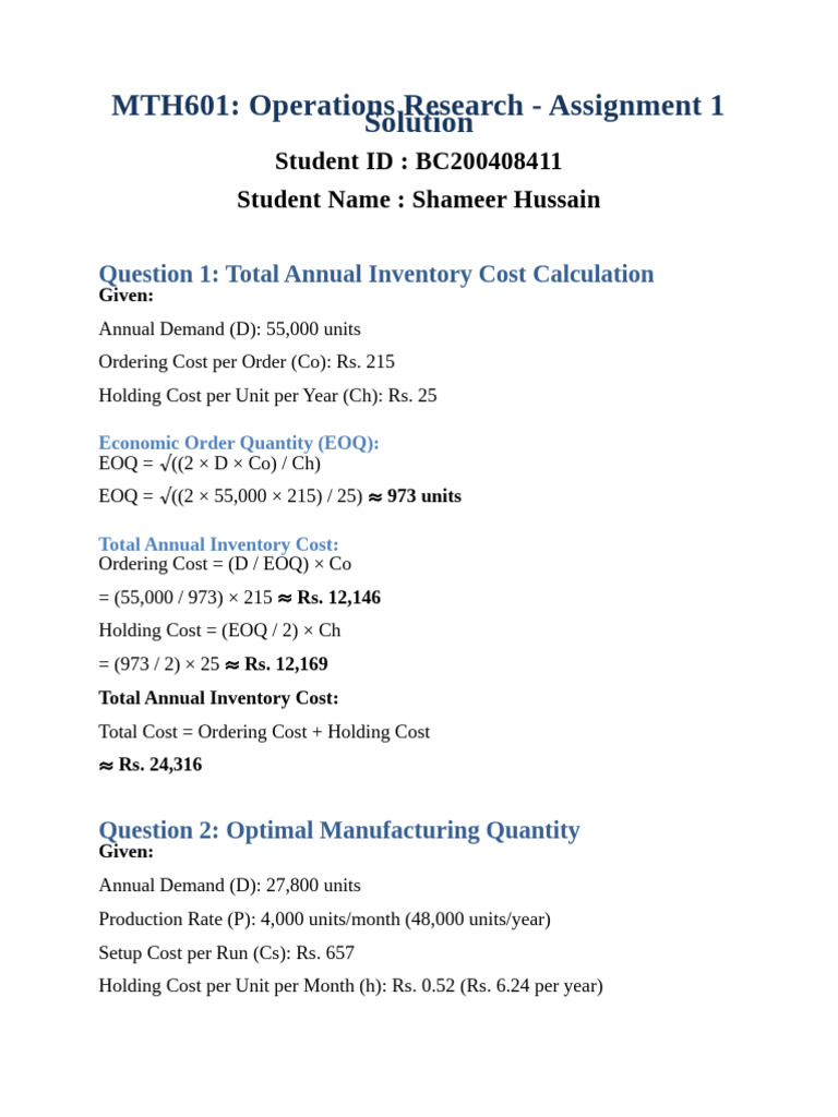 MTH601 Assignment Solution 1 | PDF