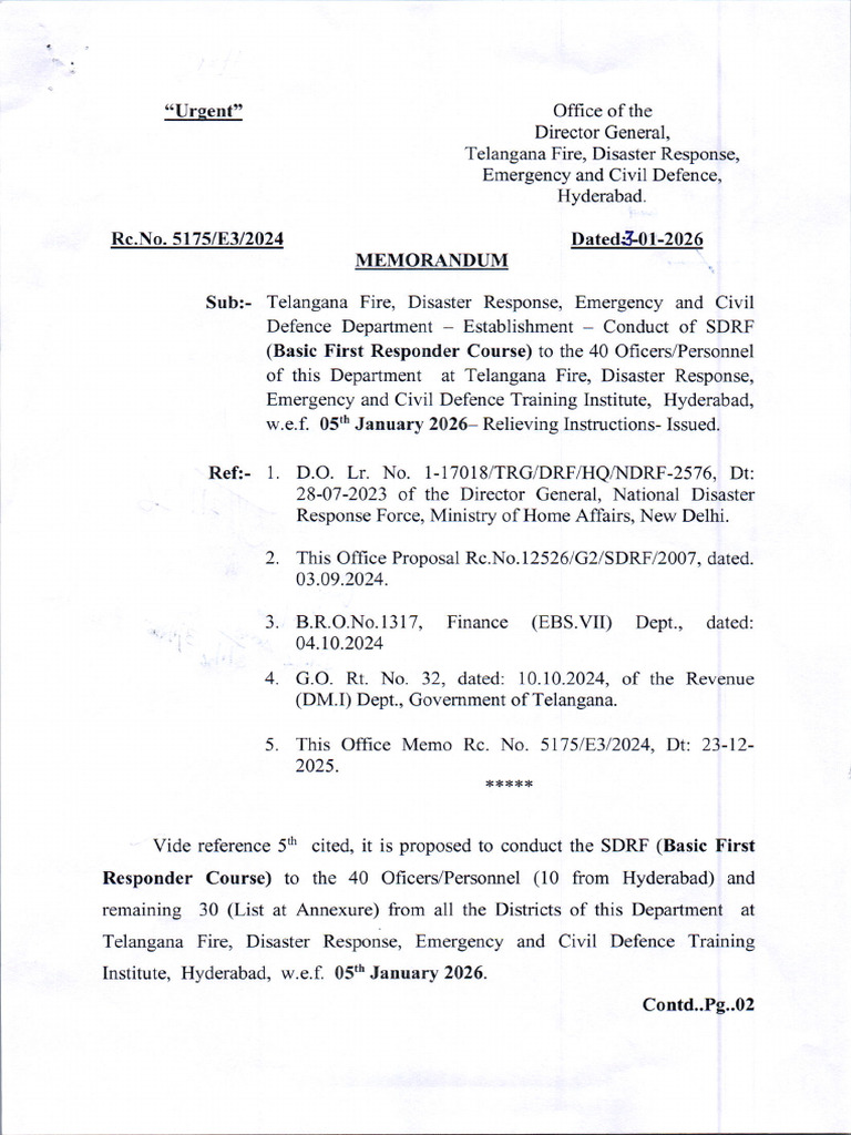 Relieving Instructions of 40 Personnel For SDRF (Basic First Responder ...