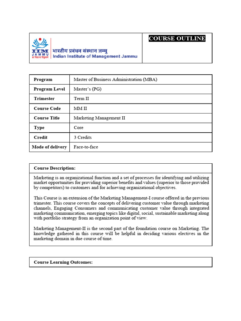 Marketing Managment II Course outline 24102025 | PDF | Marketing ...