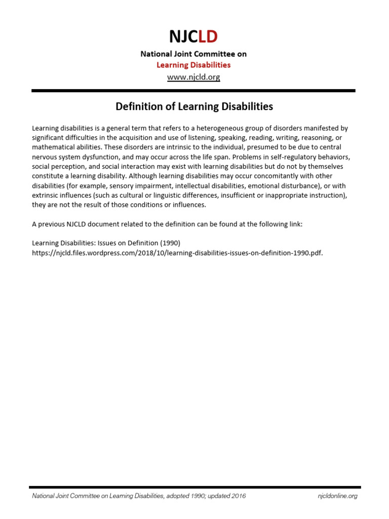 Understanding Learning Disabilities Definition | PDF