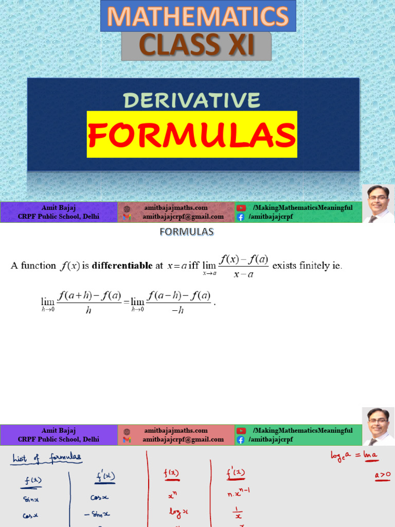 Class XI Derivative Formulas Guide | PDF | Schools | Delhi