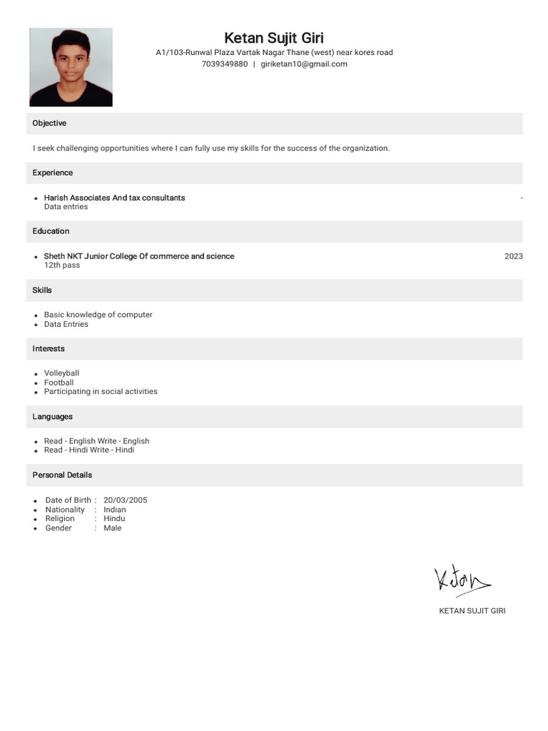 Resume of Ketan Sujit Giri | PDF