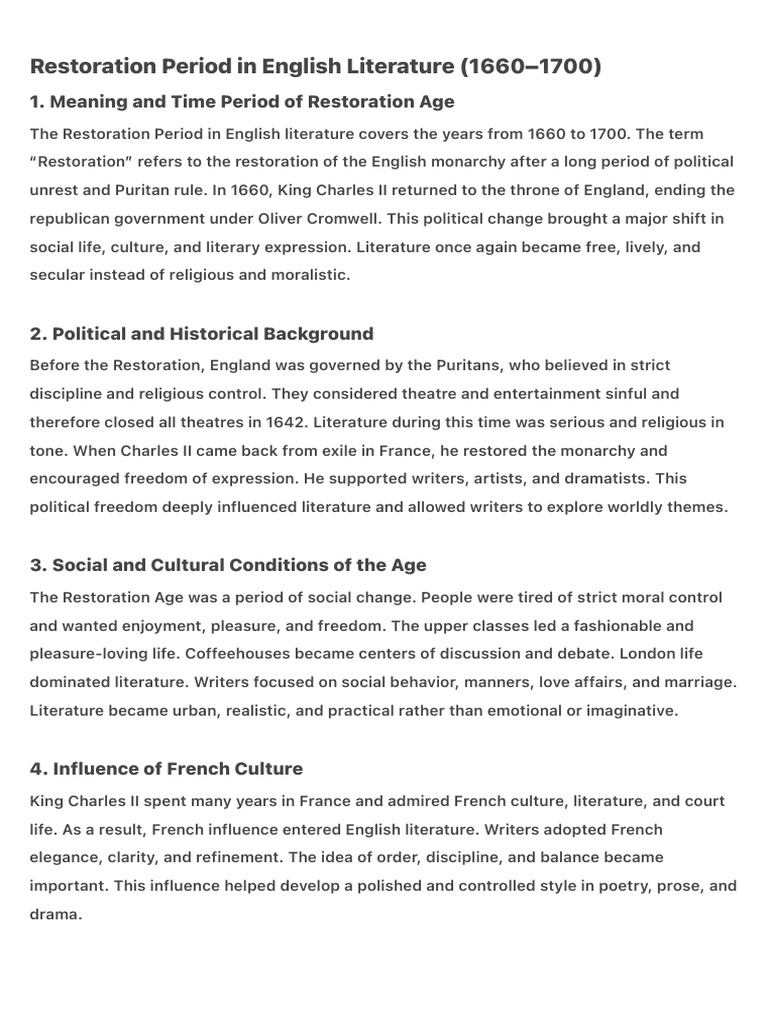 Restoration Period in English Literature | PDF | Poetry | John Dryden