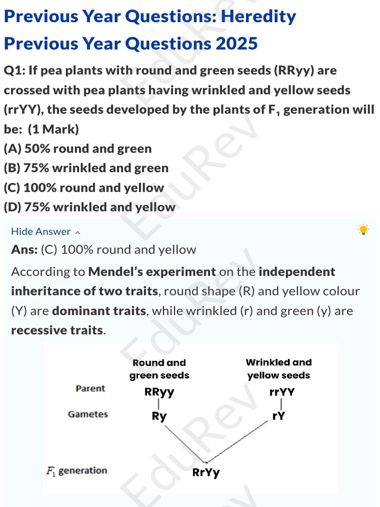 EduRev_Previous Year Questions_ Heredity | PDF | Dominance (Genetics ...