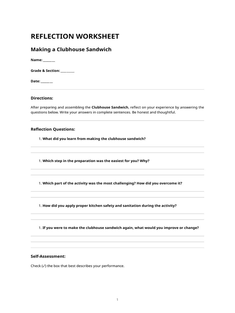 Reflection Worksheet_ Making a Clubhouse Sandwich | PDF