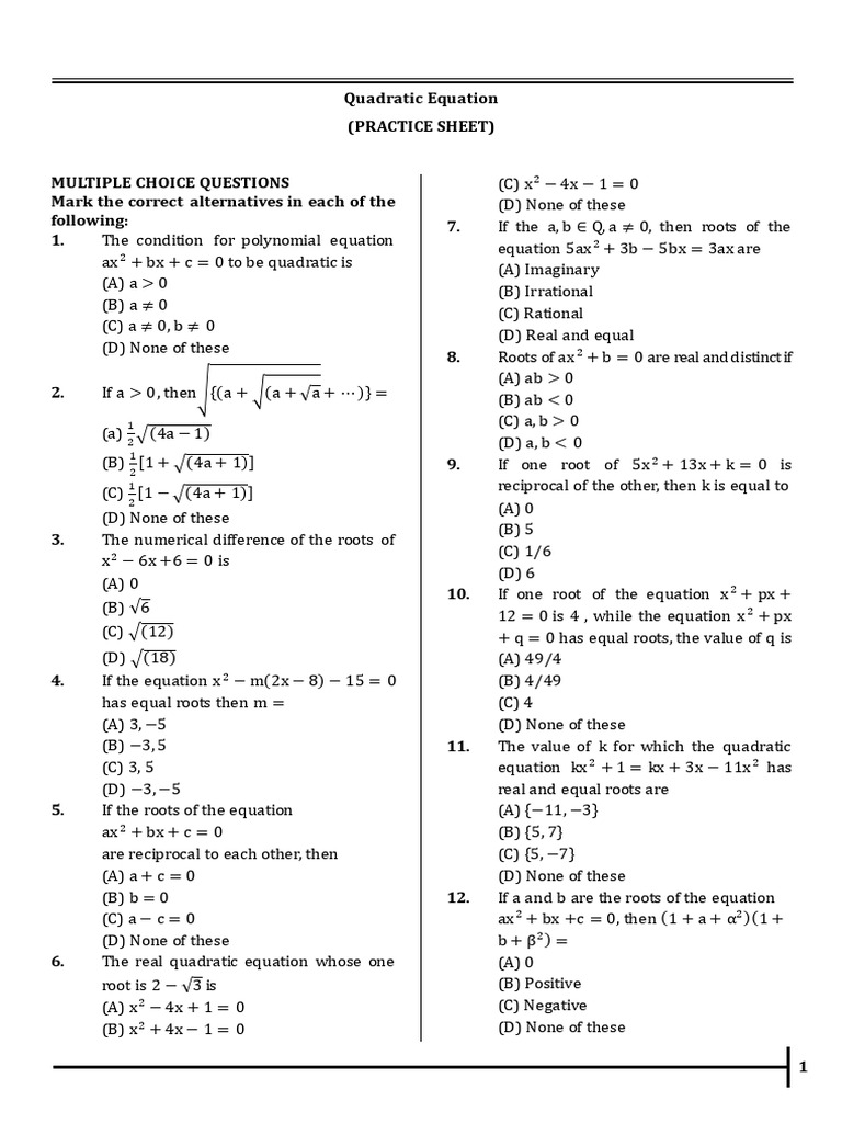 Quadratic Equation Practice Questions | PDF | Quadratic Equation | Real ...