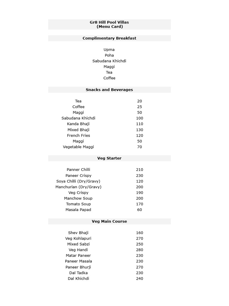 Gr8 Hill Pool Villas Menu Card | PDF | Cuisine | Foods