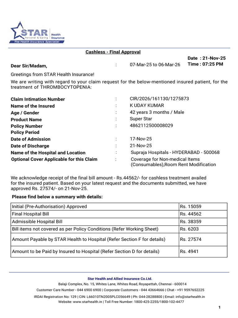 STAR Health Insurance Claim Approval Details | PDF