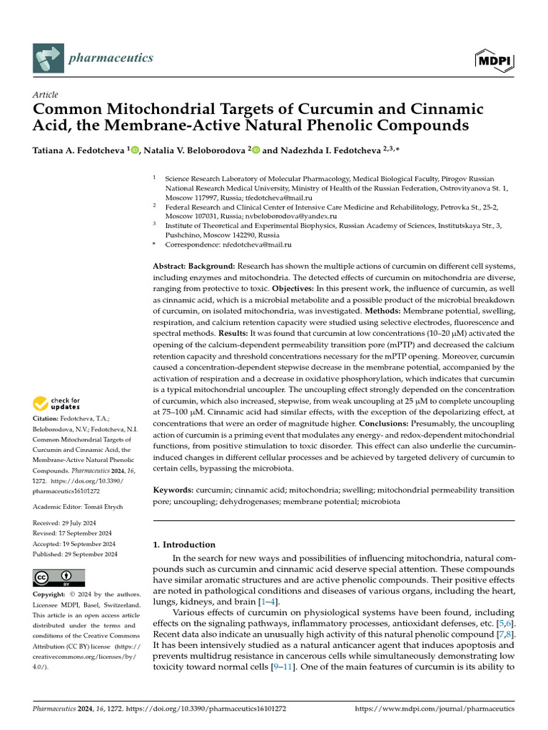 Mitochondrial Effects of Curcumin and Cinnamic Acid | PDF ...
