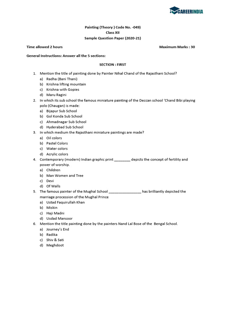 Class XII Painting Theory Sample Paper | PDF | Paintings | Plastic Arts