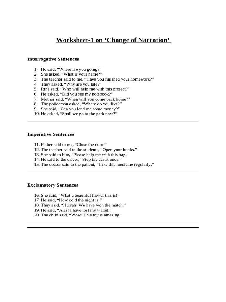 Worksheet - 1 On 'Change of Narration' | PDF
