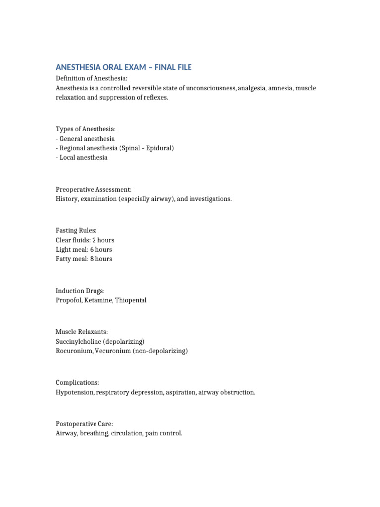 Anesthesia Oral Exam Final-3 | PDF