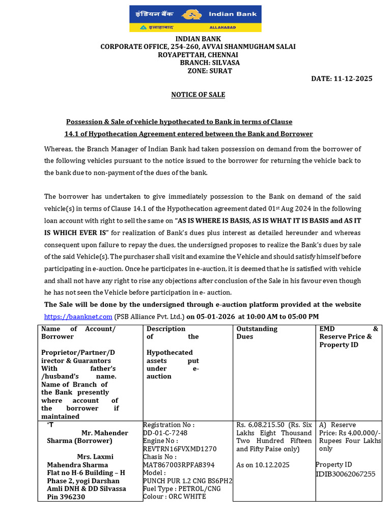 Indian Bank Vehicle E-Auction Notice | PDF | Banks | Auction