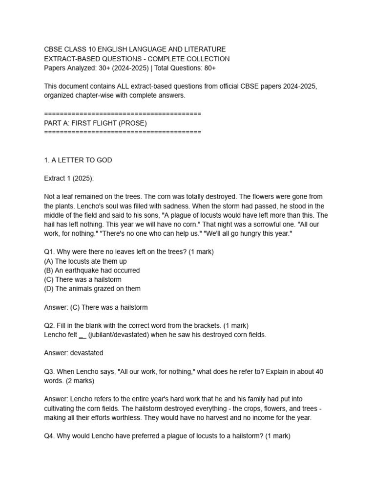 CBSE Class 10 English Extract Questions | PDF | Tiger | Beauty