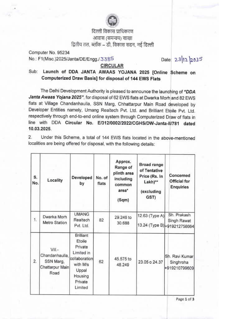 Circular Dda Janta Awaas Yojna 2025 | PDF