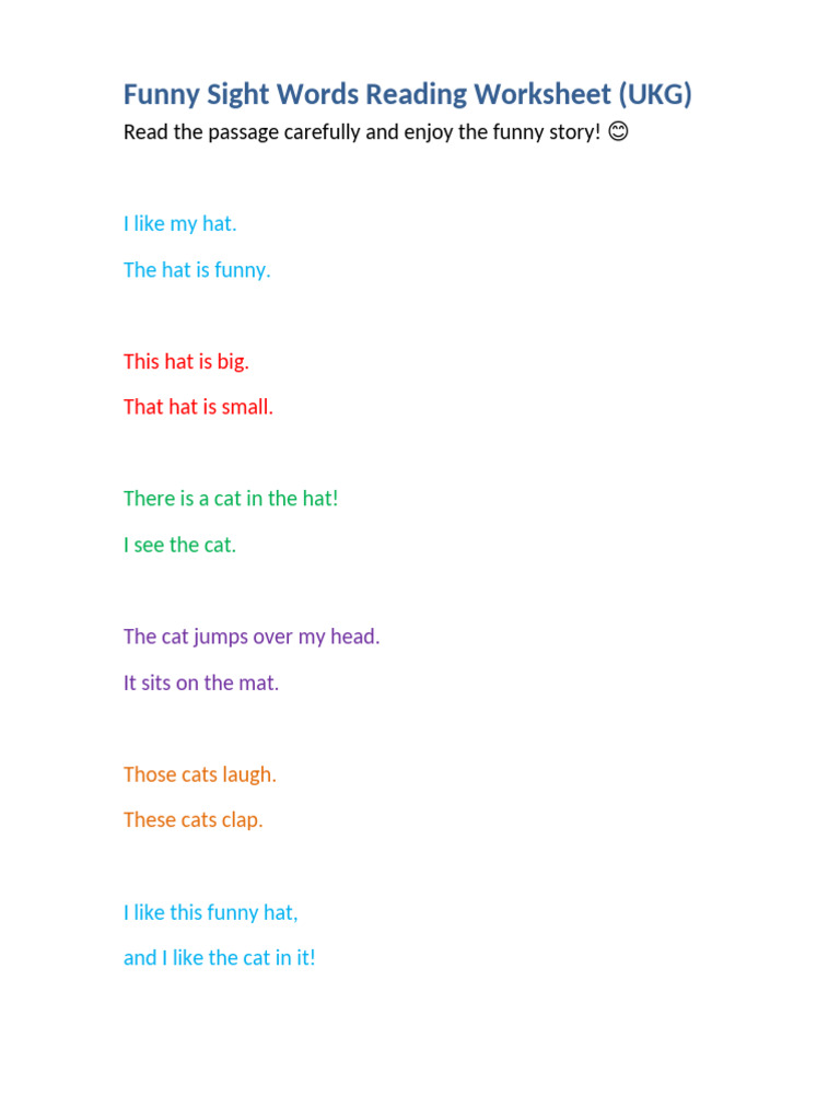 UKG Funny Sight Words Worksheet | PDF