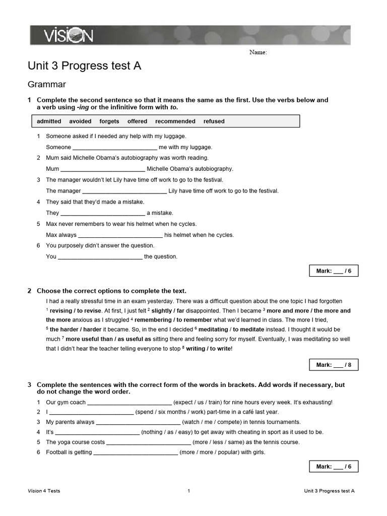 Vision 4 Unit 3 Progress Test A | PDF