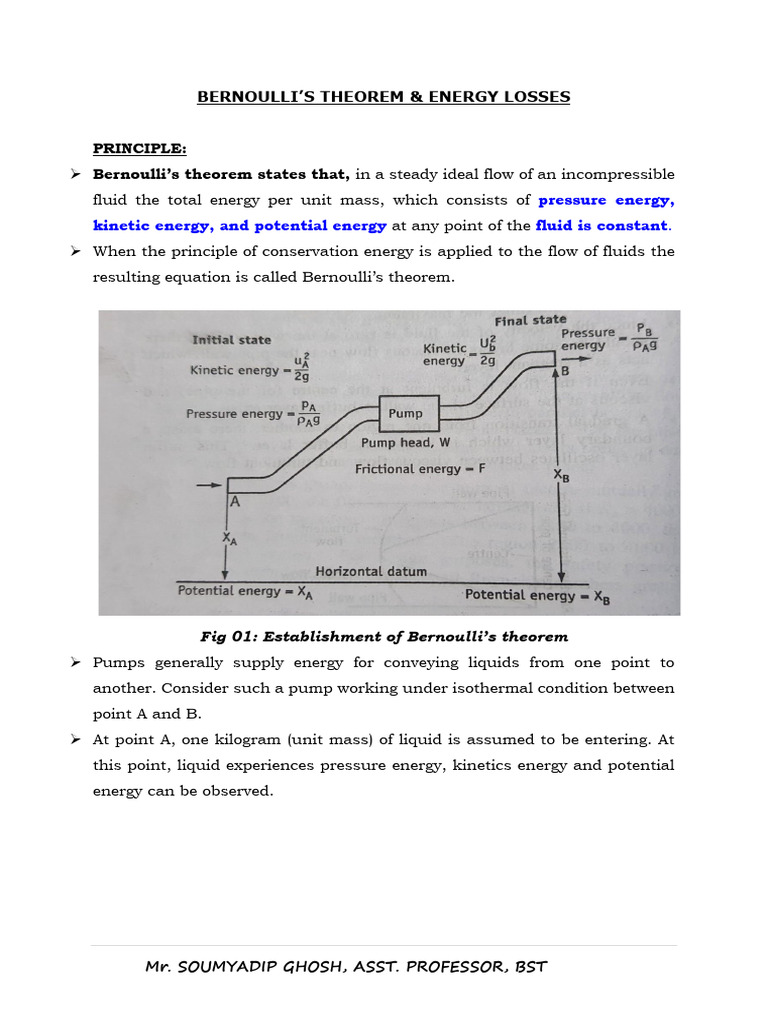 BERNOULLIs Theorem and Energy Losses | PDF | Fluid Dynamics | Pressure