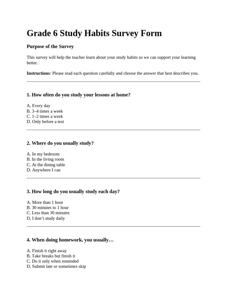 Grade 6 Study Habits Survey Form Sample | PDF
