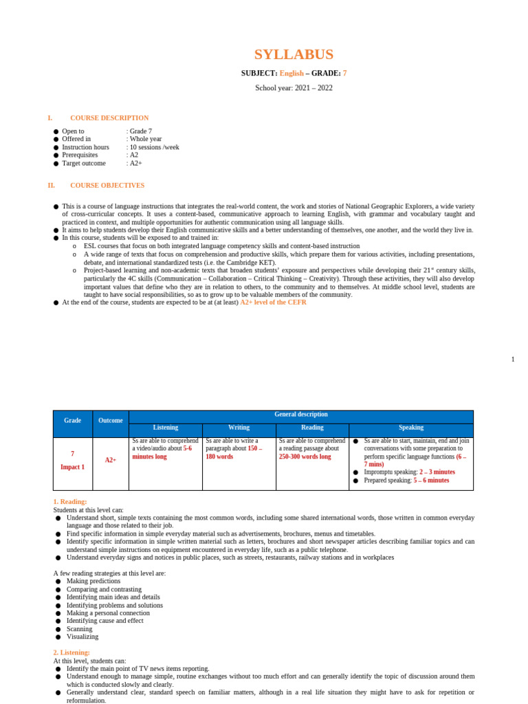 Grade 7 Syllabus - FULL YEAR | PDF | Phrase | Information