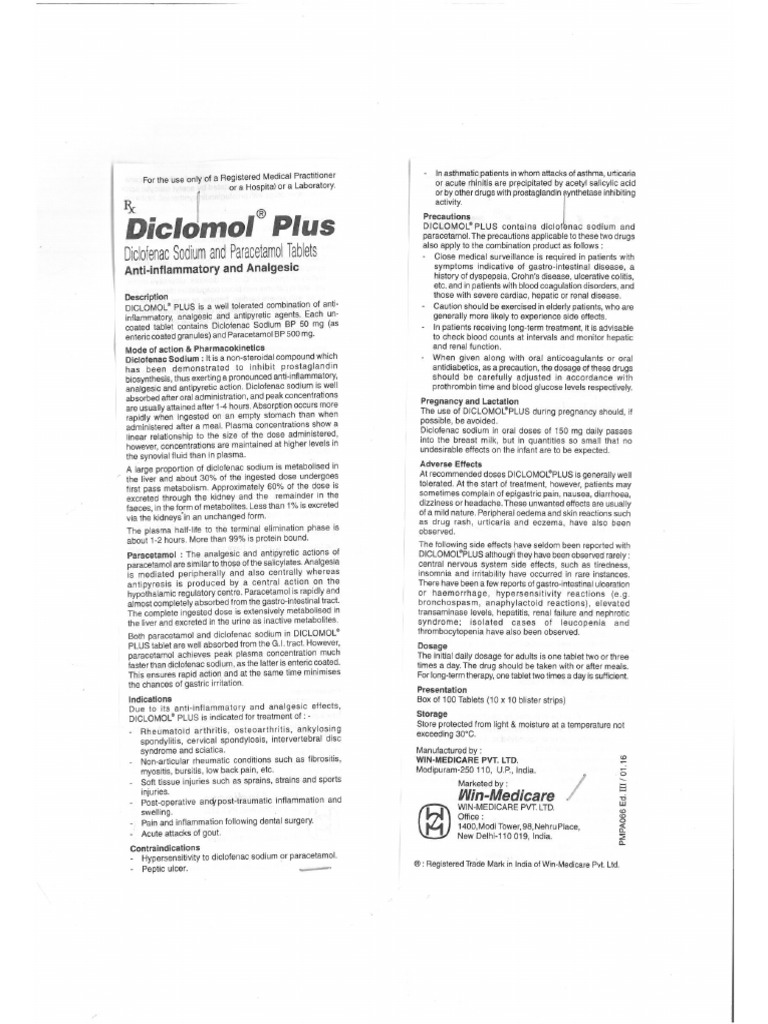 Diclomol Plus - Diclofenac Sodium 50mg and Paracetamol 500mg Tablets ...