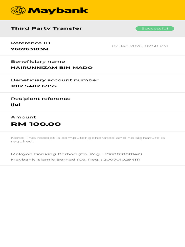 Third Party Transfer Receipt - RM 100.00 | PDF