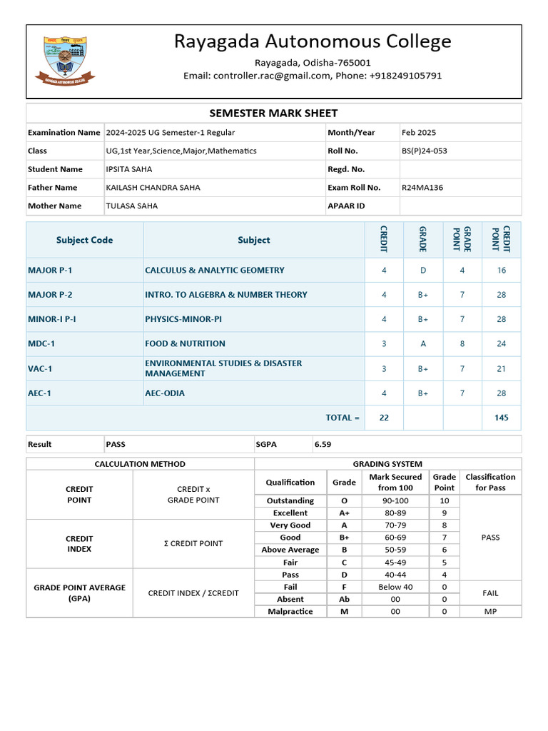 Rayagada College Semester 1 Mark Sheet | PDF | Mathematics