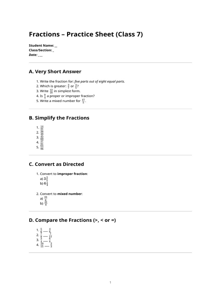 Class 7 Fractions Practice Sheet | PDF