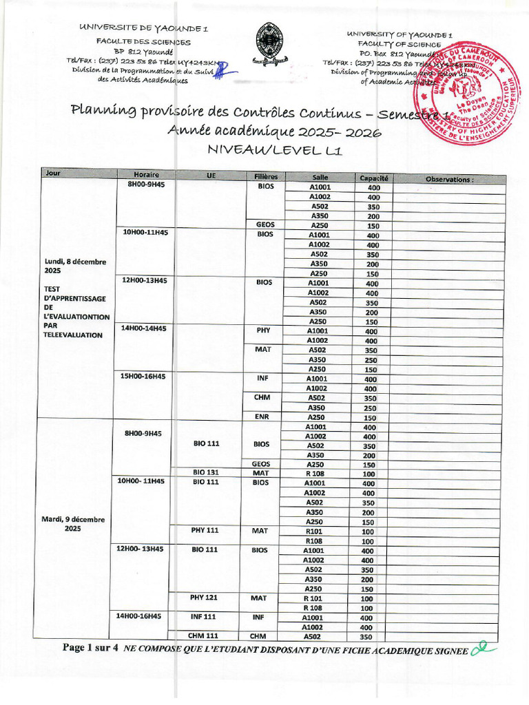 Planning Provisoire Des CC Semestre 1 L1 2025-2026 | PDF