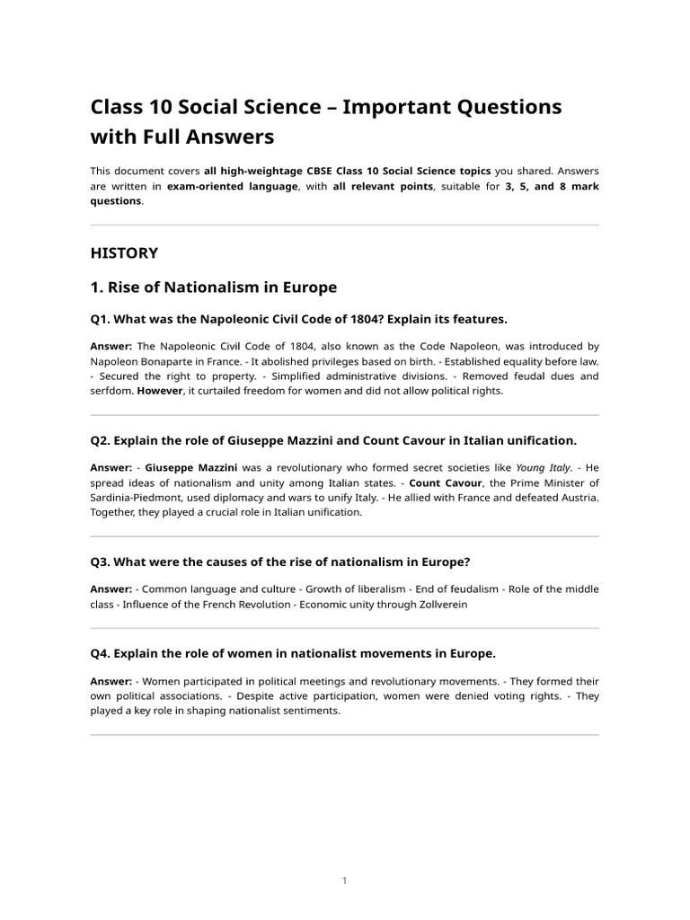 Class 10 Social Science Key Questions | PDF | Nationalism | Mahatma Gandhi