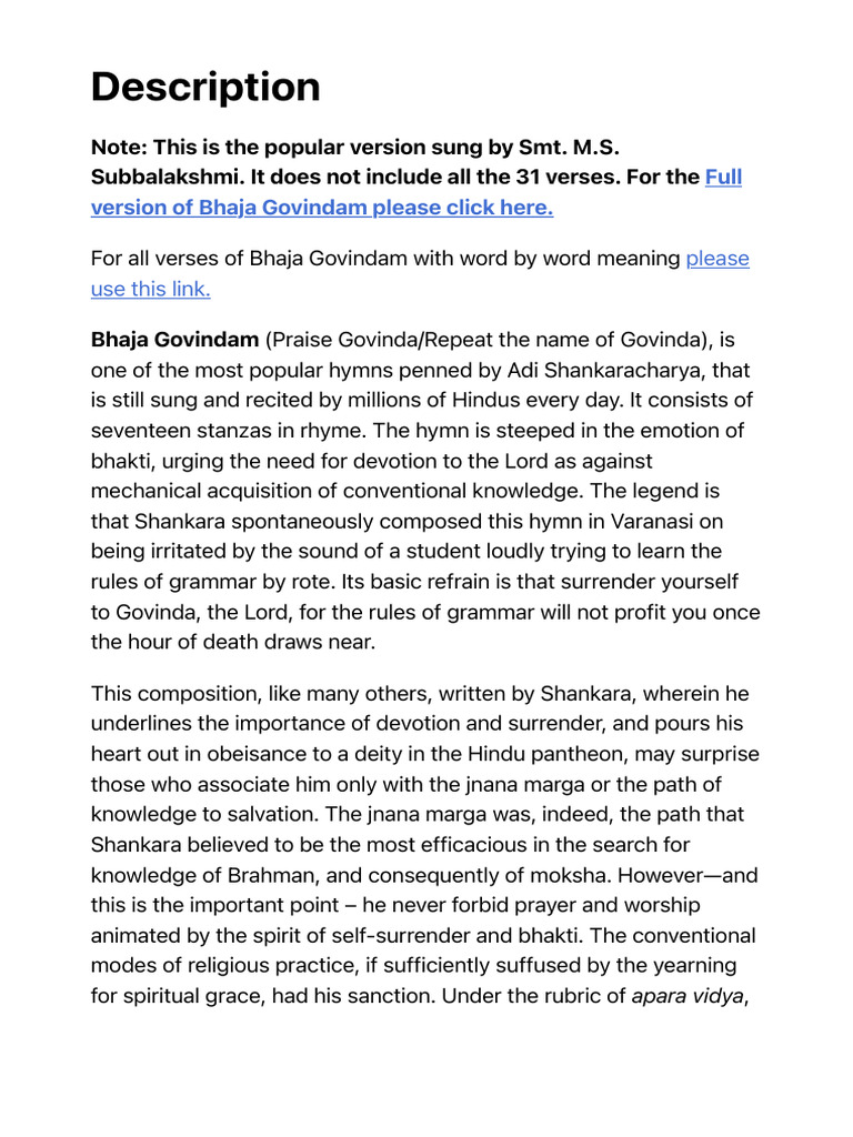 Bhaja Govindam MS - With Lyrics, Audio, Meaning, Significance in ...