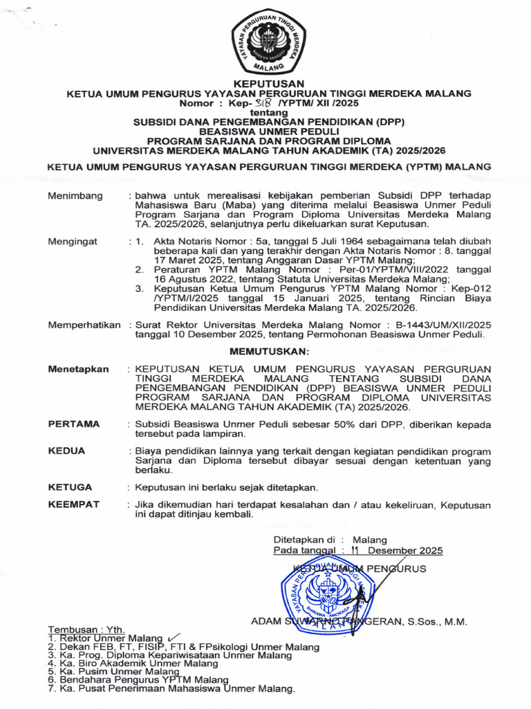 SK Subsidi Dana Pengembangan Pendidikan (DPP) Unmer Peduli | PDF