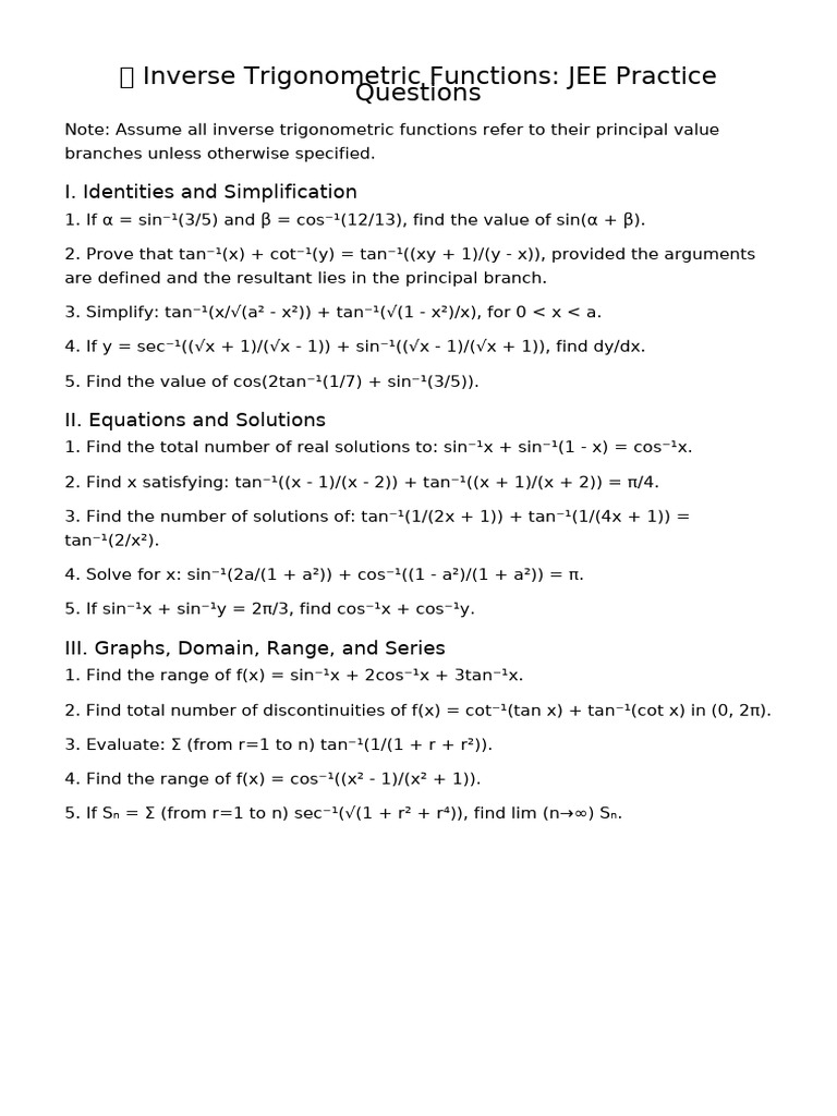 Inverse Trigonometric Functions JEE Practice Questions | PDF