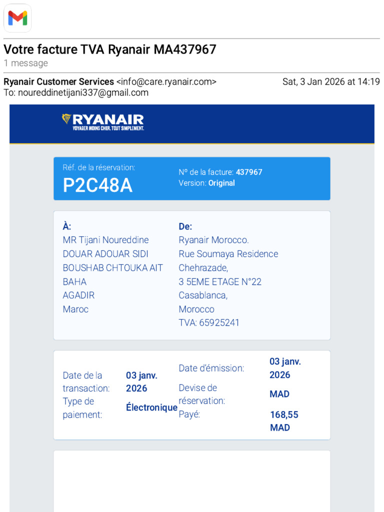Facture TVA Ryanair - Réservation P2C48A | PDF